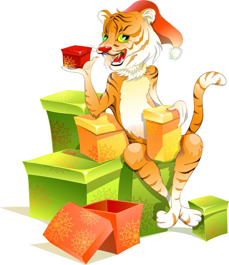 A Cartoon Tiger Sits on Gift Boxes Stock Vector - Illustration of green ...