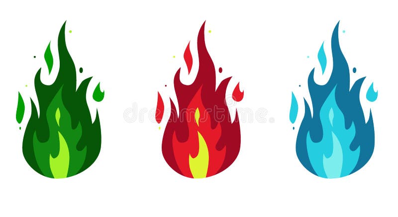 Set of Three Flames: Red, Blue and Green. Cartoon Bonfire. Multicolored ...