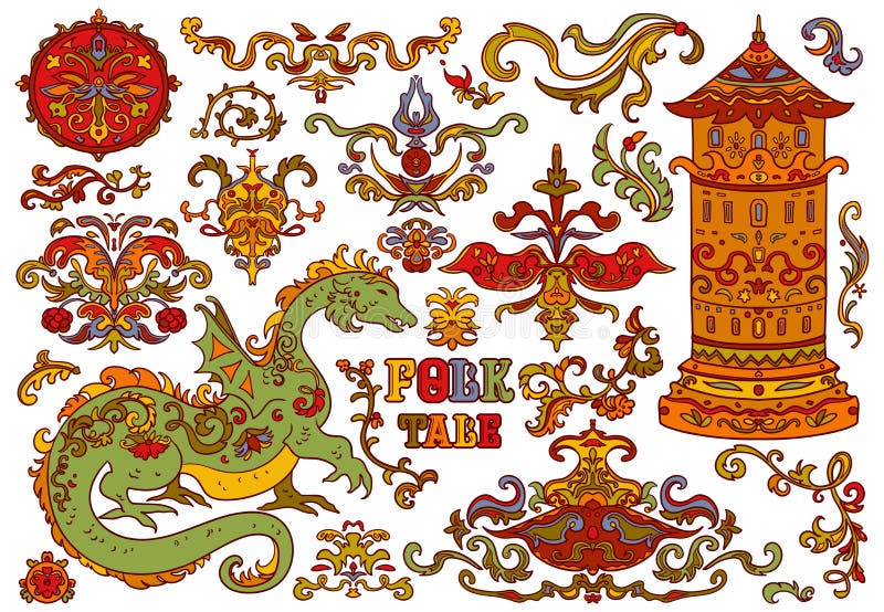 Folk Tale Ornament Design Elements Set. Dragon, Castle, Flowers, Plants ...
