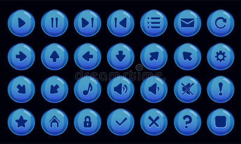 Blue Colored Buttons and Graphical Interface Icons for Games. Stock ...
