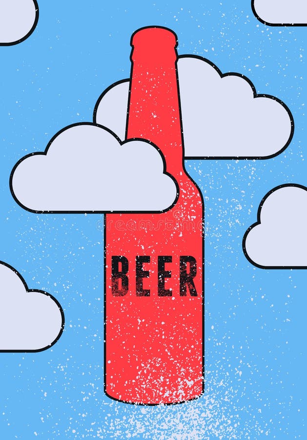 Beer Bottle in the Clouds. Beer Cartoon Flat Grunge Splash Style Poster ...