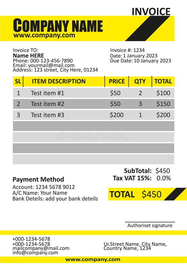 Invoice yellow and black stock illustration. Illustration of modern ...