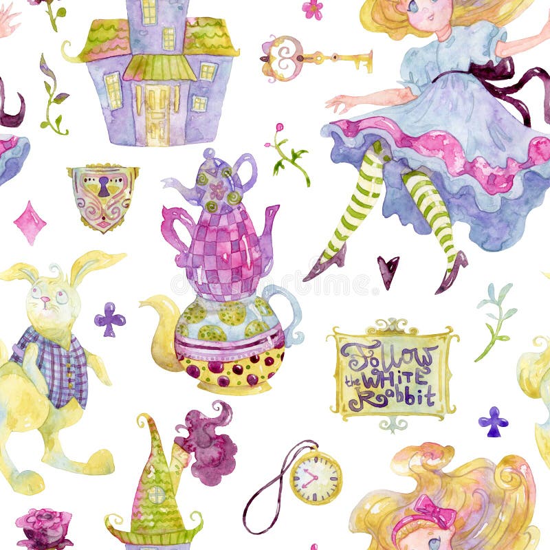 Seamless Pattern with Alice, White Rabbit, Teapots, Clock, Curios House ...