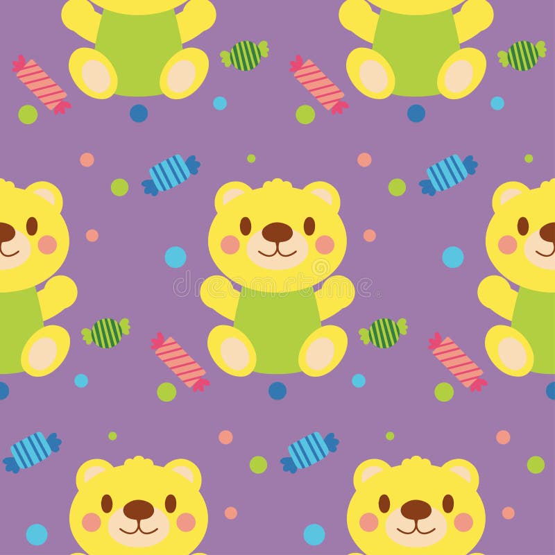 Baby Seamless Vector Pattern. Cute, Colored Cartoon Bears on Purple ...