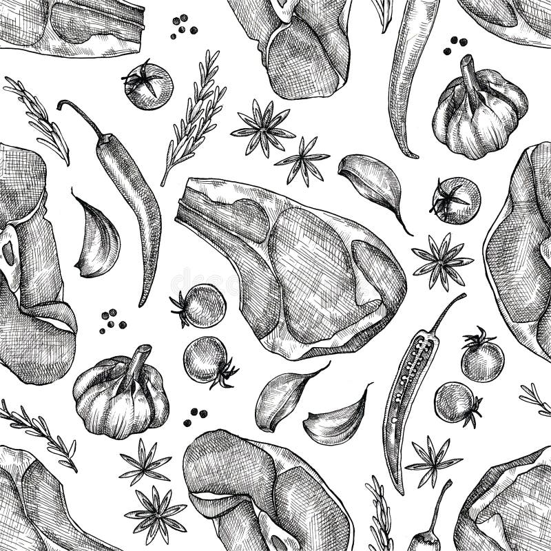 Graphic Drawing Seamless Pattern in Retro Style. Cooking Meat Products ...