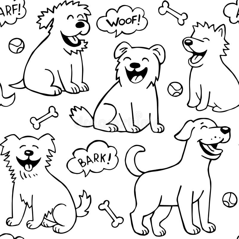 Seamless Pattern with Funny Dogs in Doodle Style. Funny Doggies, Line ...