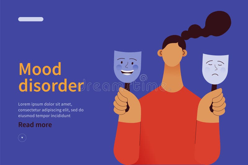 Mood Disorder Website Concept. Woman Showing between Two Mood Masks ...