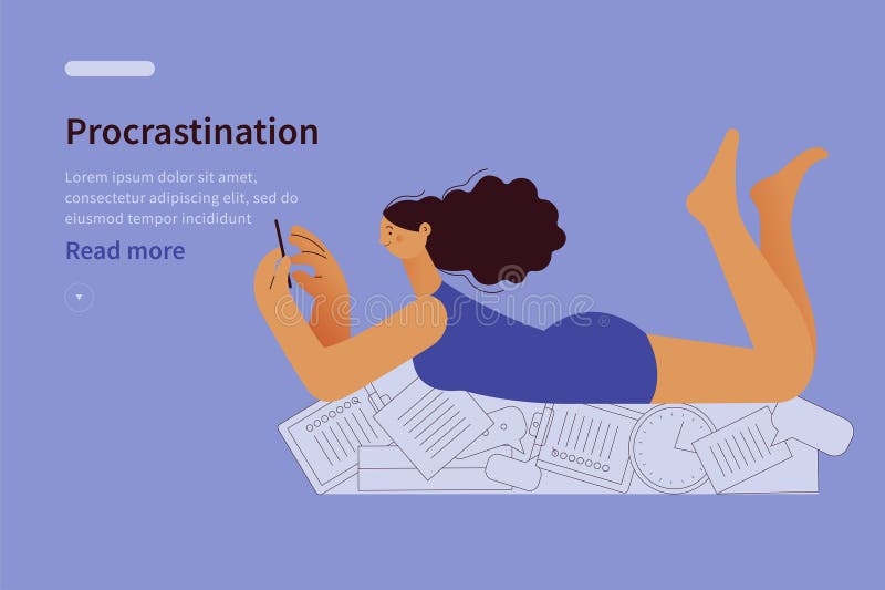 Procrastination Website Concept. Woman with Phone Lies on Documents and ...