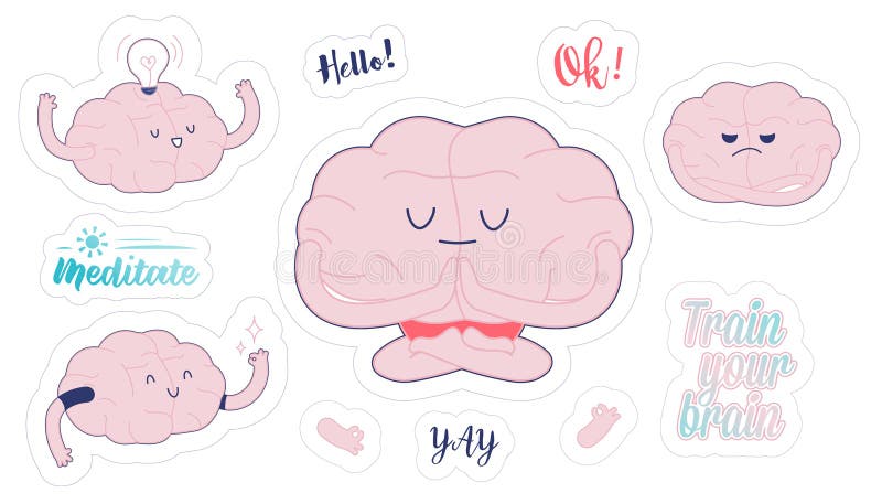 Stickers Set. Happy Brain with Light Bulb on Its Head with Arms Raised ...