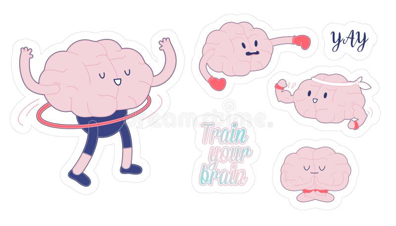 Stickers Set. Brain Hooping with Arms Raised, Training Brain Activity ...
