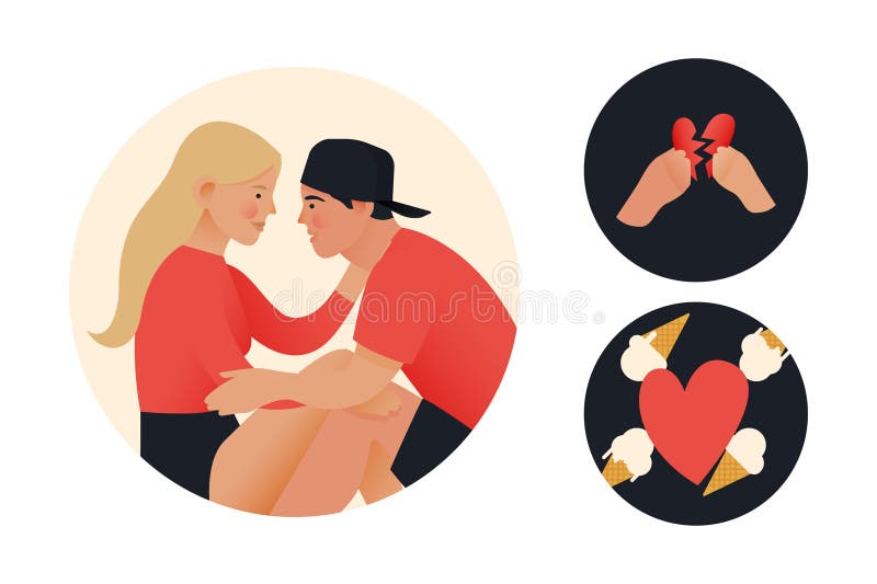 Couple Embrace. Teenagers Sit Opposite To Each Other in Circle Shape ...