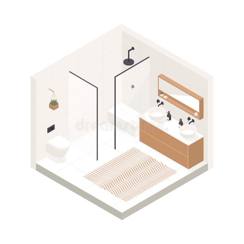 Vector Isometric Low Poly Cozy Bathroom with Various Furniture. Modern ...