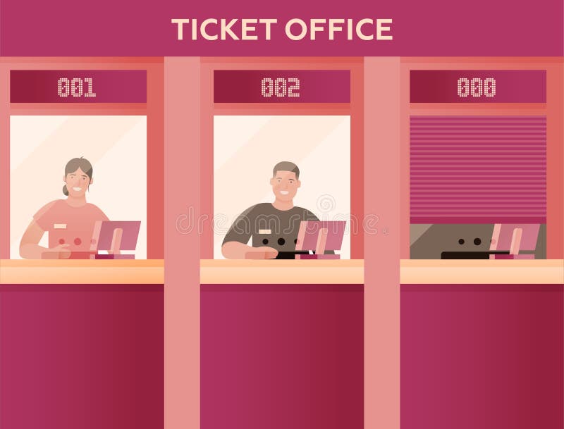Ticket Office with Smiling Female and Male Operators. Open and Close ...
