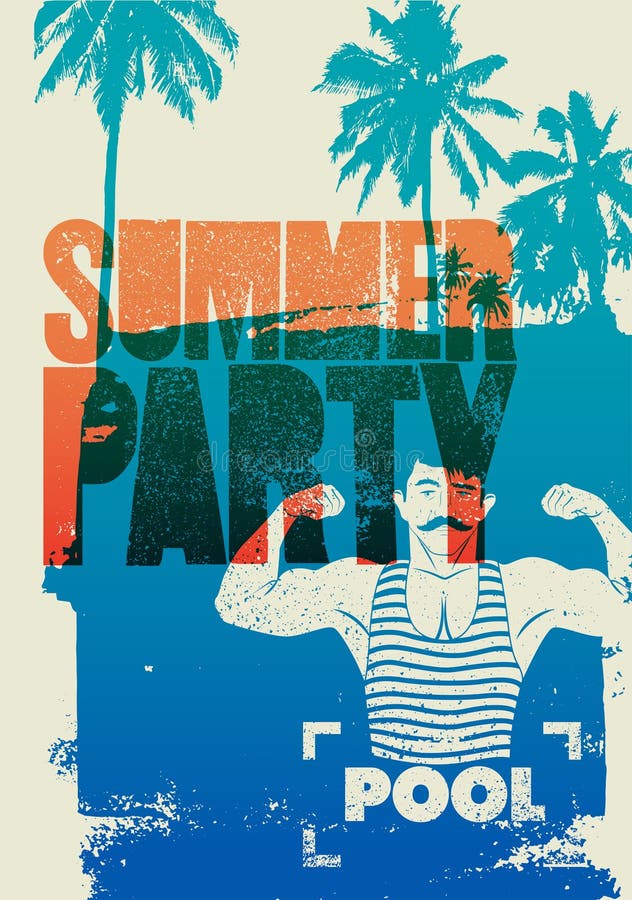 Summer Pool Party Typographic Grunge Vintage Poster Design with Palm ...
