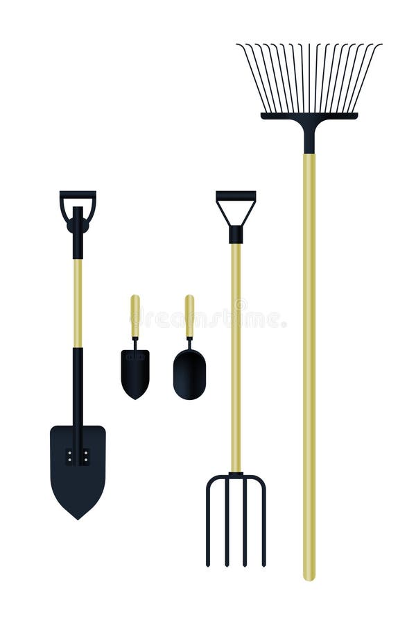 Collection of Gardening Tools. Shovel, Pitchfork, Garden Trowel, Rake ...