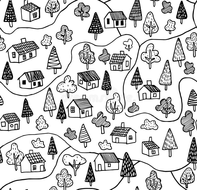 Seamless Pattern, Village in Doodle Style. Cute Houses, Linear Vector ...