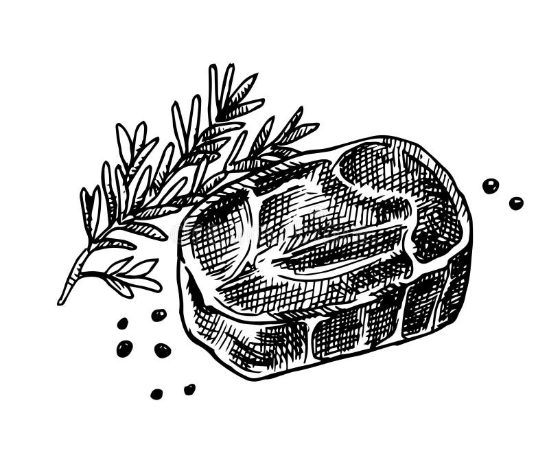 Piece of Meat, Vector Drawing in Sketch Style. Steak and Rosemary Sprig ...