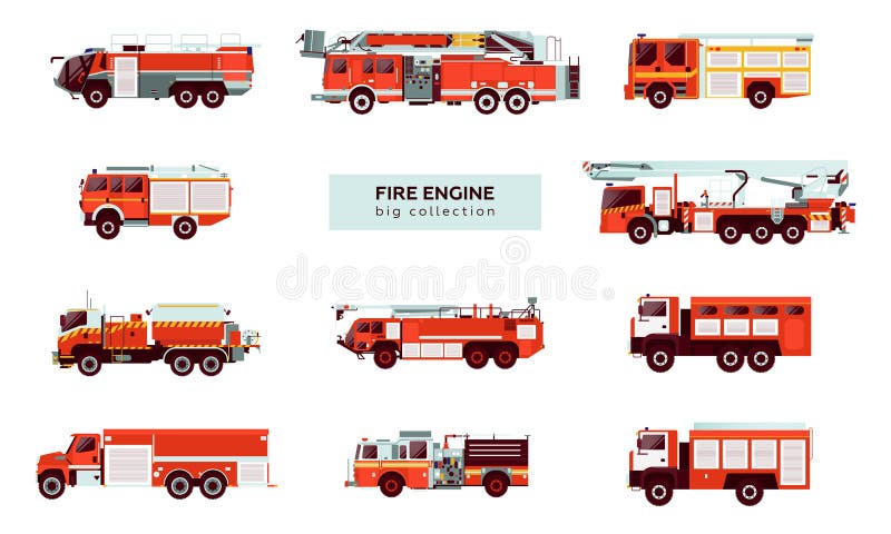 Collection of Red Fire Truck Emergency Vehicles. Modern Flat Style ...