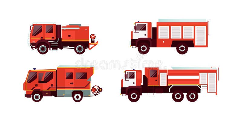 Collection of Red Fire Truck Emergency Vehicles. Modern Flat Style ...