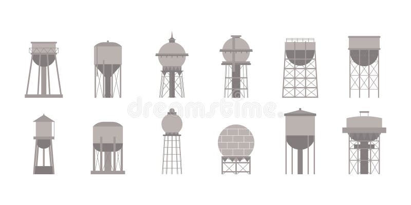 Collection of Water Towers. Cartoon Symbols and Architectural Objects ...