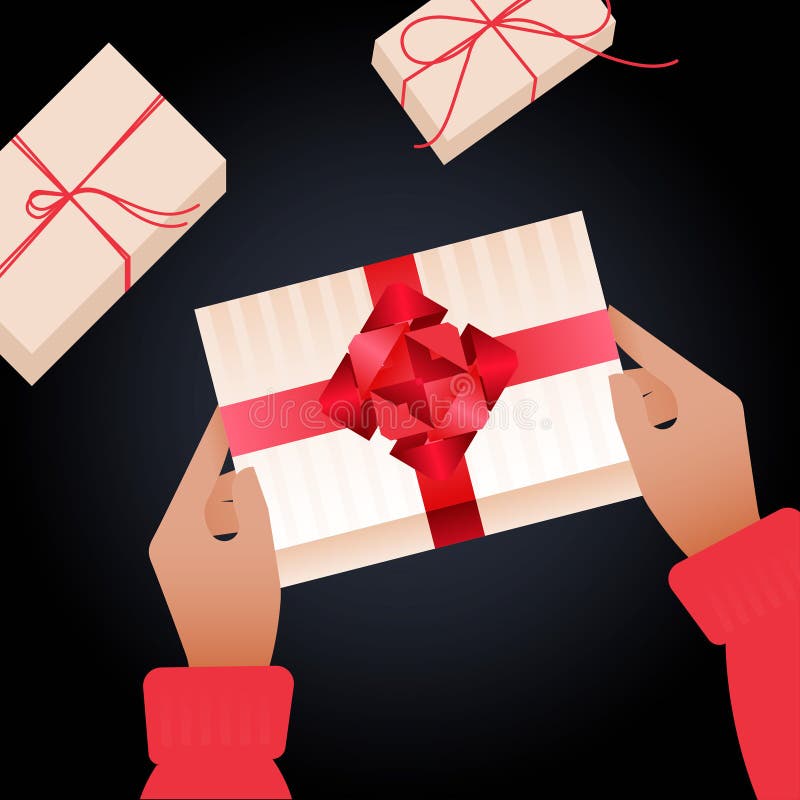 Hands Holding Gift Box on Dark Background with Presents. Social Media ...