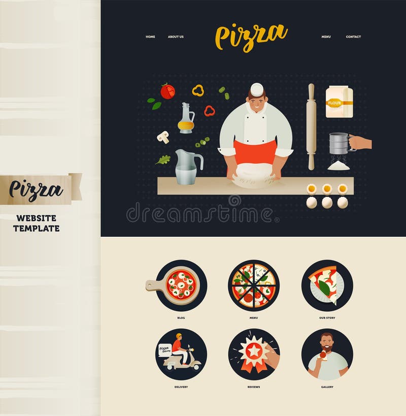 Pizza Website. Chef Preparing Dough Pizza. Ingredients. Icons Menu ...