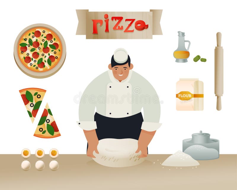 Chef Preparing Dough Pizza. Man Wearing a White & Black Overalls ...