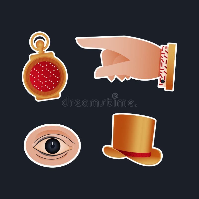 Vintage Retro Sticker Pack. Old-Fashioned Clock, Pointing Finger, Eye ...
