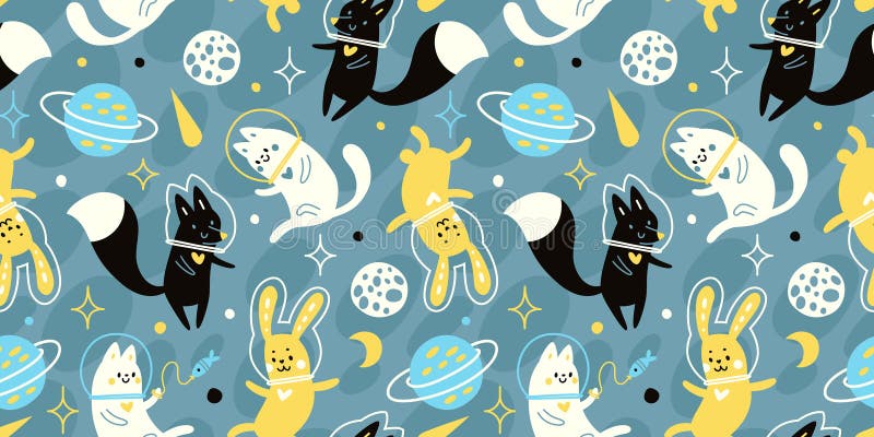 Vector Pattern on a Blue Background. Astronauts in Space: Fox, Cat ...