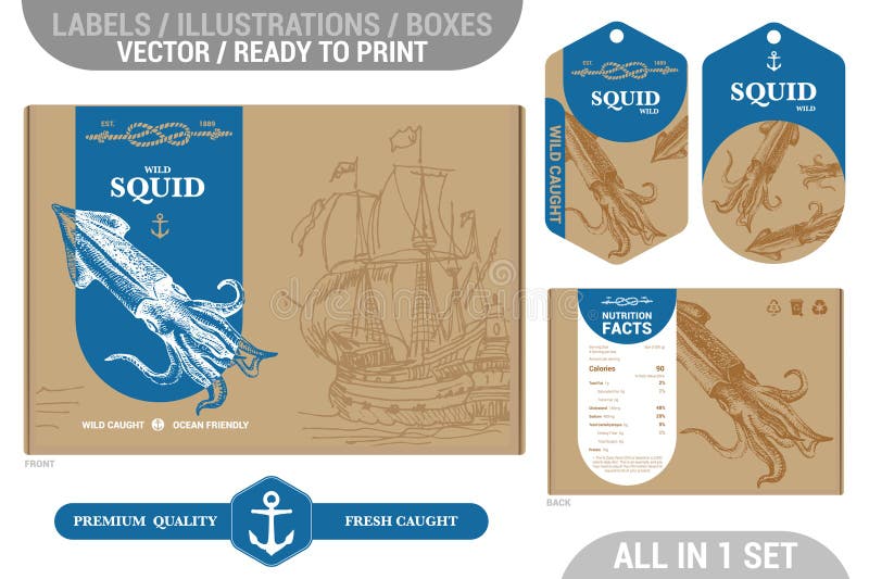 Squid Seafood Packaging Design Set - Vector Illustration with Labels ...