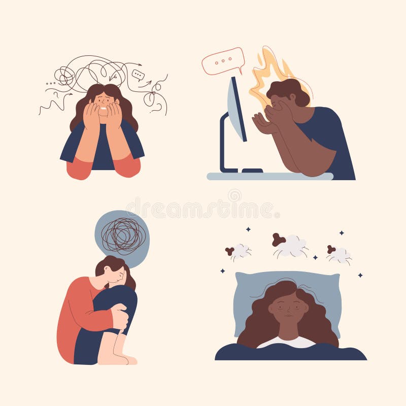 Collection of Mental Disorder Cartoons. Anxiety, Emotional Burnout ...