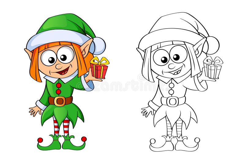 Christmas Elf with Gift. Merry Christmas and Happy New Year. Black and ...