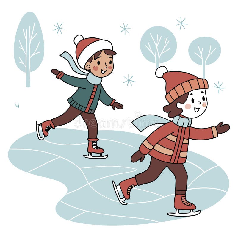 Vector Illustration Depicts Children Skating on a Smooth Ice Lake or ...