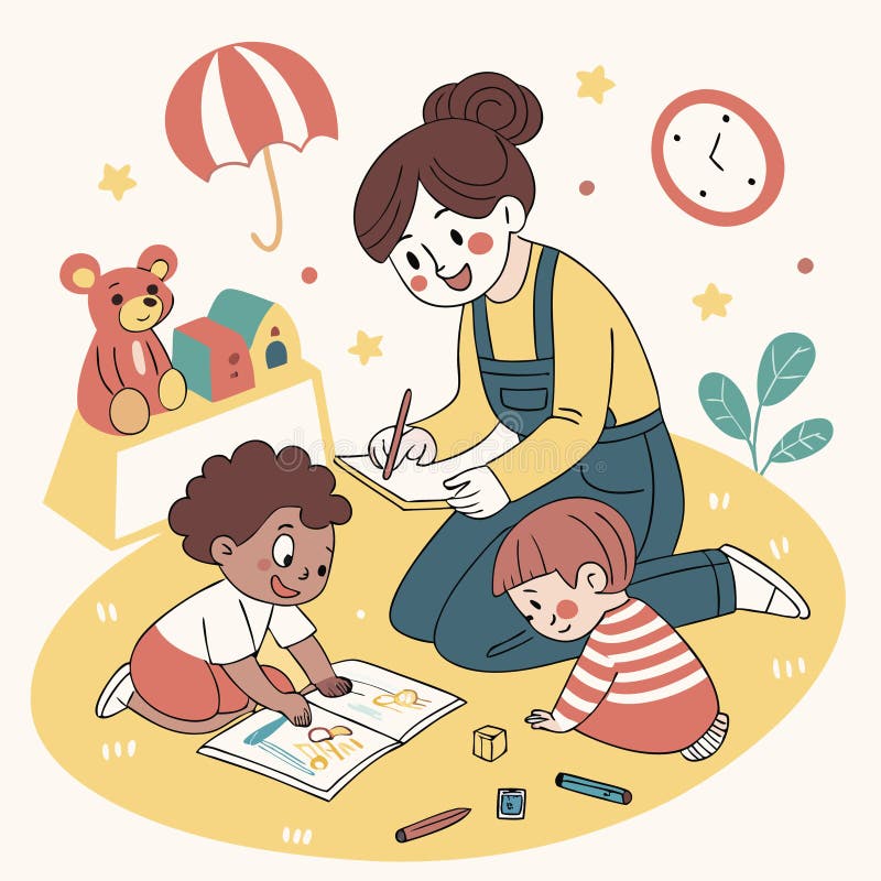 Vector Illustration Depicting a Caregiver or Teacher Interacting with ...