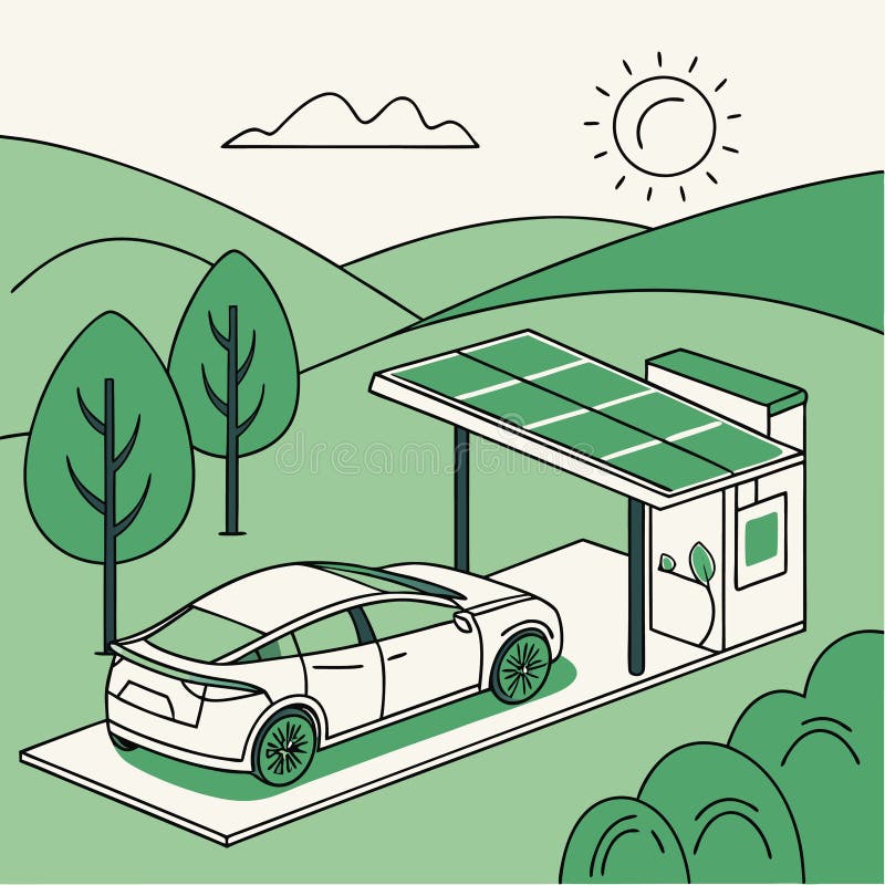 An Illustration of an Electric Car Connected To a Charging Station ...