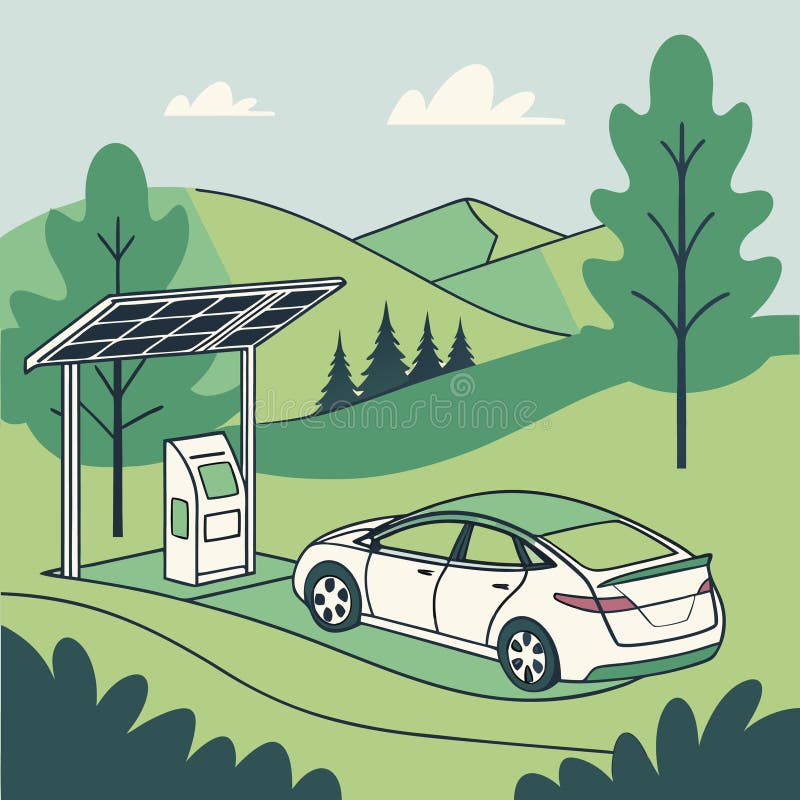 An Illustration of an Electric Car Connected To a Charging Station ...