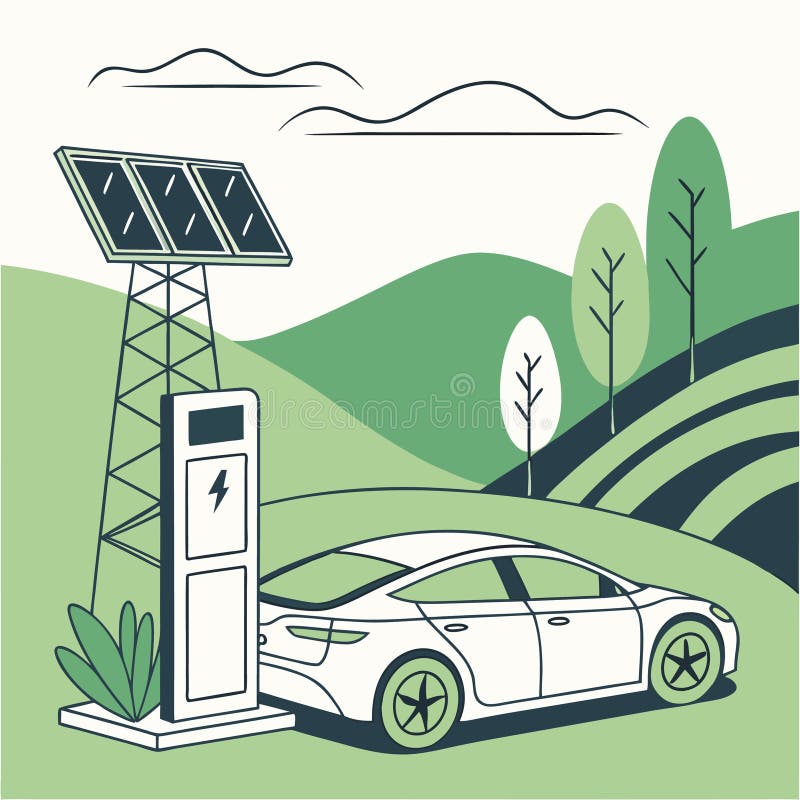 An Illustration of an Electric Car Connected To a Charging Station ...