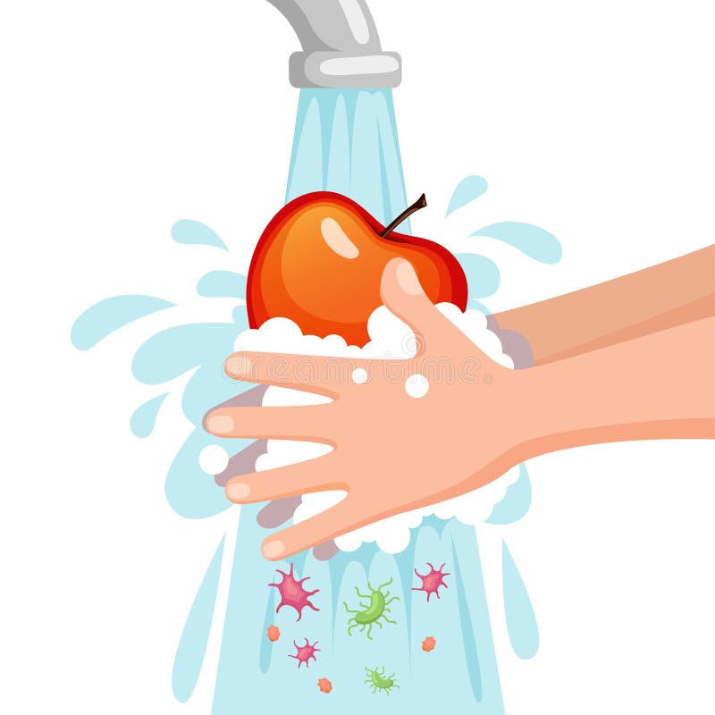 Hands Washing Dirty Apple with Soap Under Running Water. Concept of ...