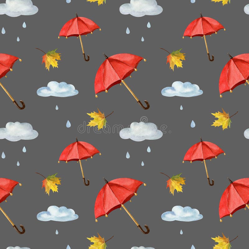 Beautiful Autumn Rainy Seamless Pattern. Red Umbrellas and Clouds Stock ...