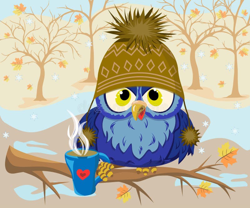 November Cartoon Cute Owl in the Autumn Tree Hollow Stock Illustration ...