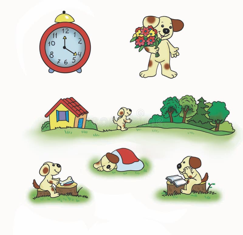 Cartoon Set of Doggie. Doggie S daily Routine. Children S Illustration ...