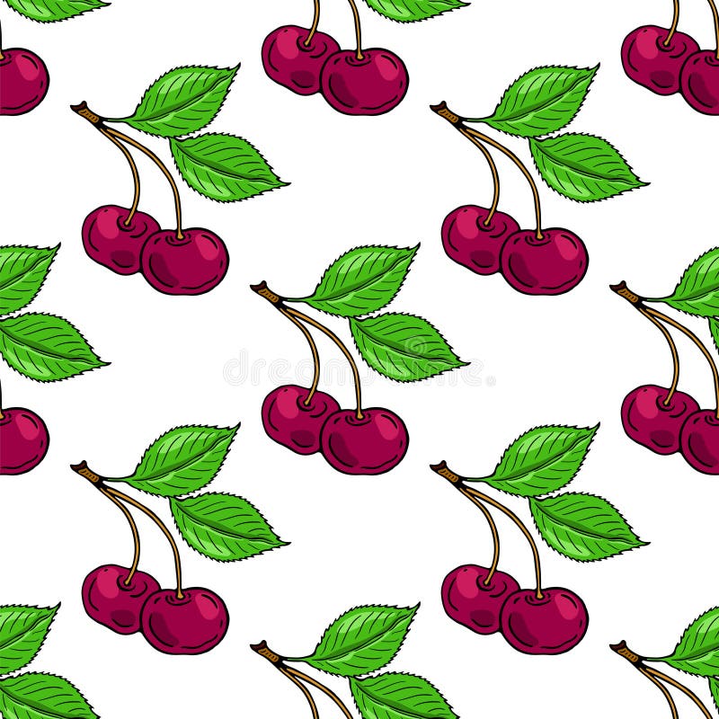 Cherry Branch, Two Red Cherries and Green Leaves. Seamless Pattern ...