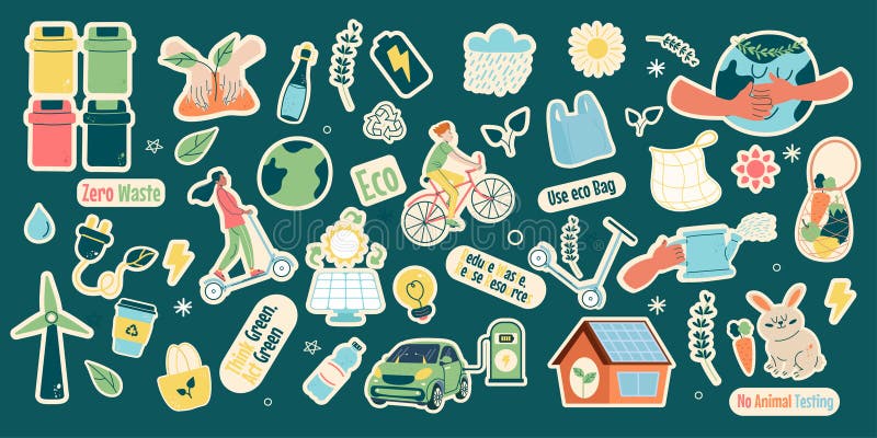 Ð¡ollection Stickers Ecology Friendly Cute Elements Flat Design Stock ...