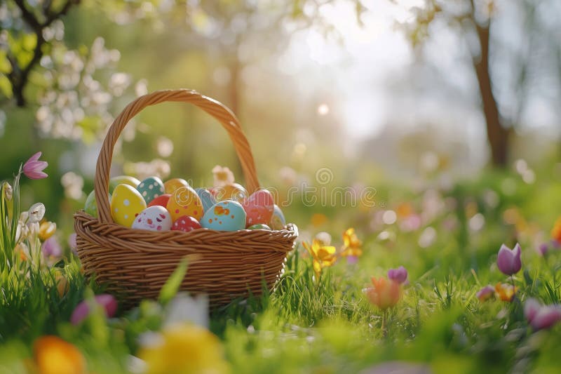 Colorful Easter Egg Hunt in Sunny Spring Garden with Wicker Basket ...