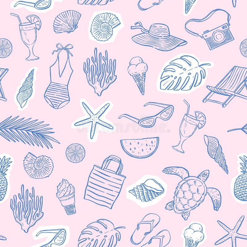 Summer Beach Vacation and Travel Seamless Background. Pattern with Hand ...