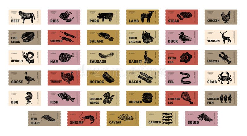Meat, Poultry, Fish and Eggs Stickers and Labels Stock Vector ...