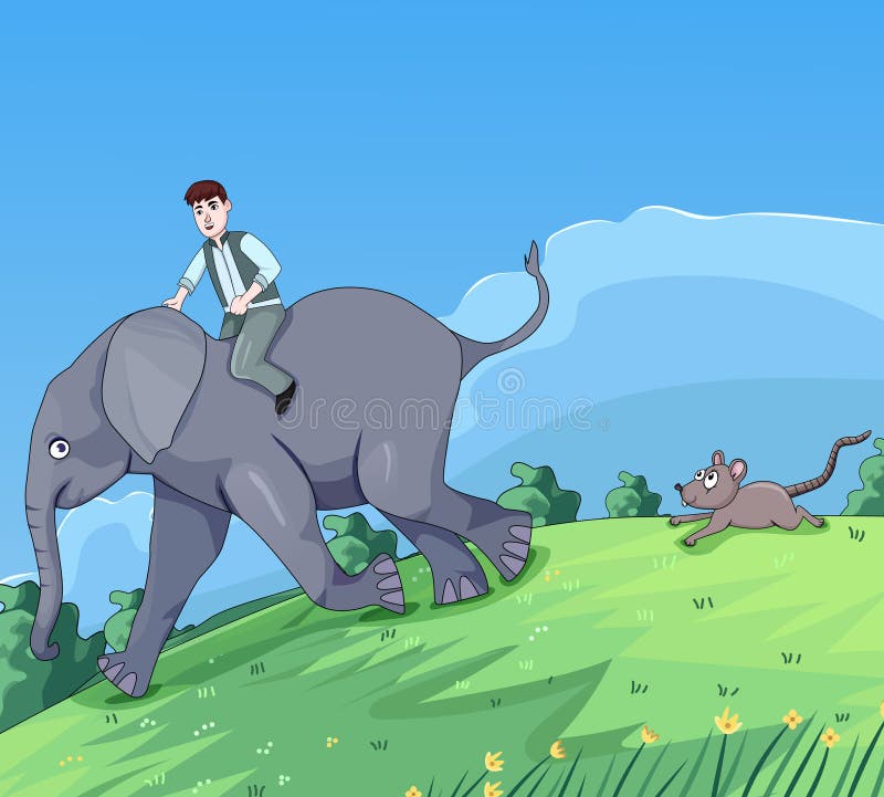 A Man Riding an Elephant and Running Away from a Mouse, Cartoon Stock ...