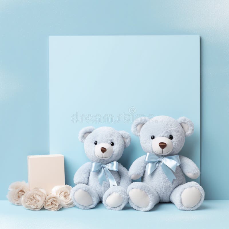 Pastel Blue Background Template with 2 Teddy Bears, AI Generated Stock ...