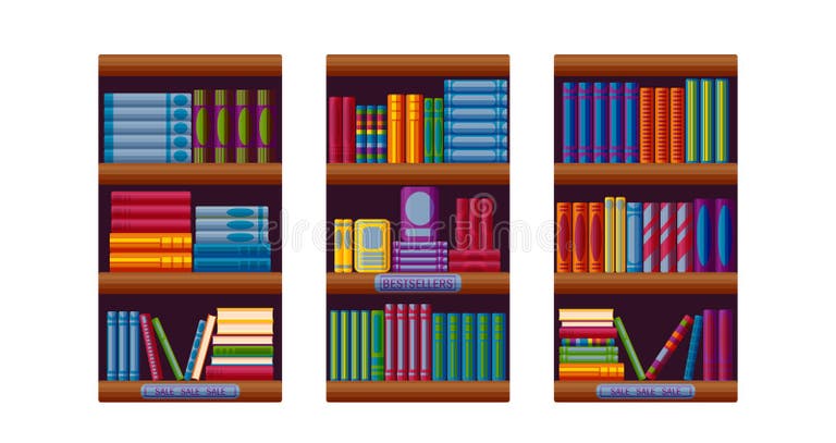 书店货架上有畅销书和销售选项. 卡通风格的书架. 矢量图插图 向量例证 - 插画 包括有 教育, 书架: 211266911