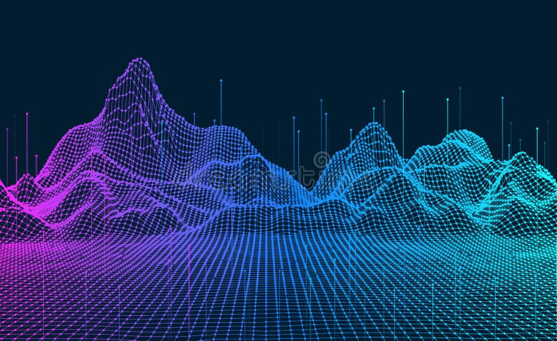 Abstract Digital Landscape with Particles Dots.Abstract Wire-frame ...